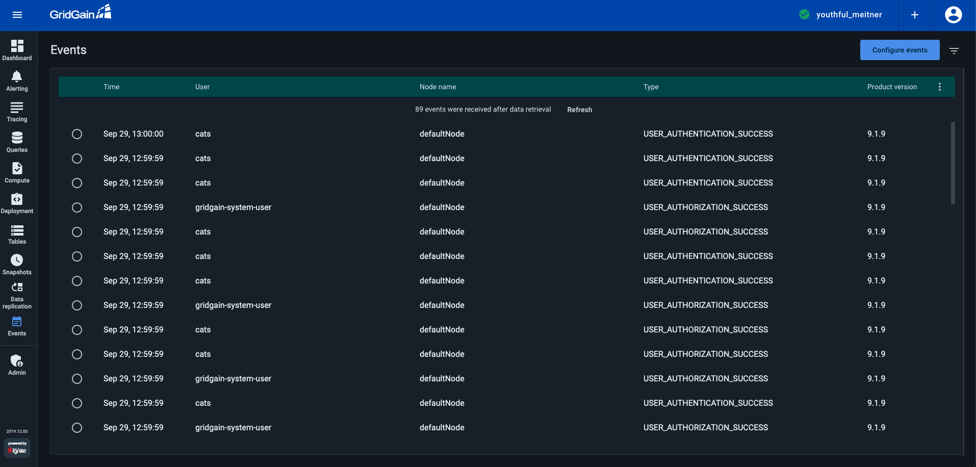 Events Screen | GridGain Nebula Documentation