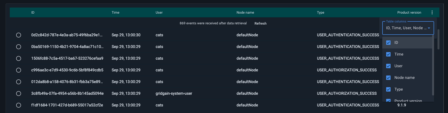 Events Screen | GridGain Nebula Documentation