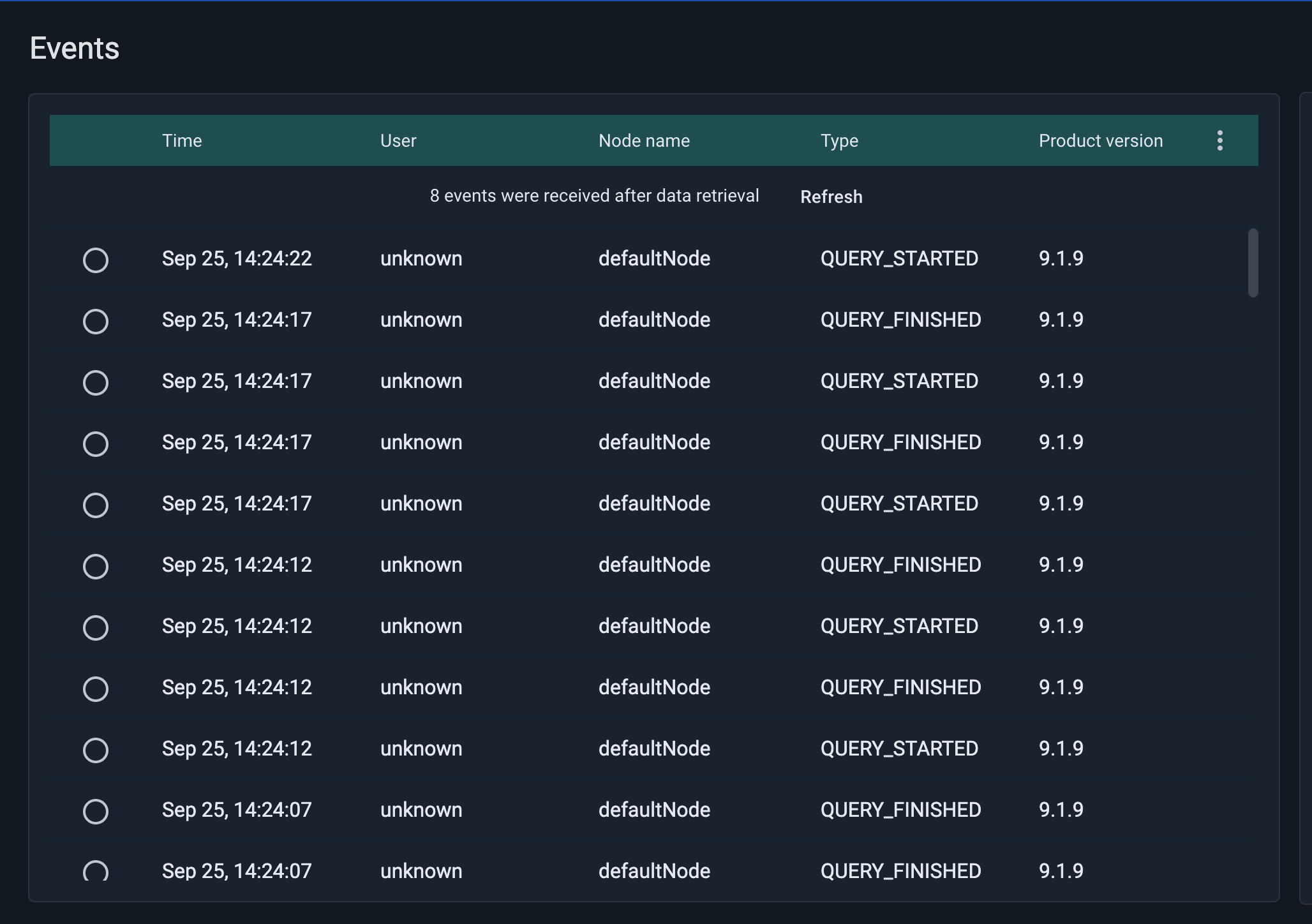 Events Screen | GridGain Nebula Documentation